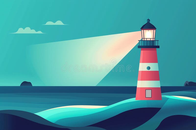 Colorful Lighthouse Illustration with Ocean Waves, Beacon Shining ...