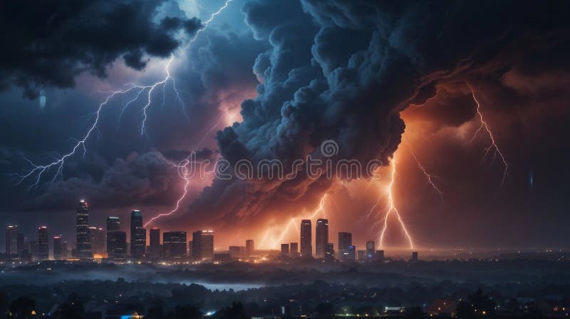 Colorful Lightning Storm Over Cityscape - 3D Rendering of Dynamic ...