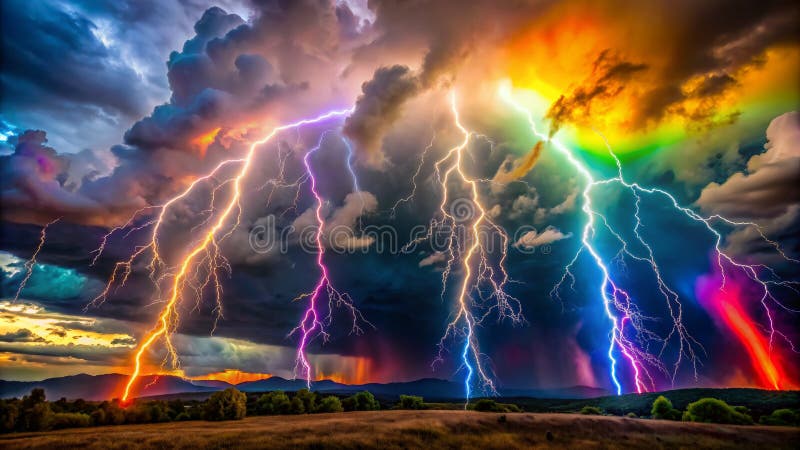 Colorful Lightning Strikes Above Dramatic Cloudy Sky Stock Illustration ...