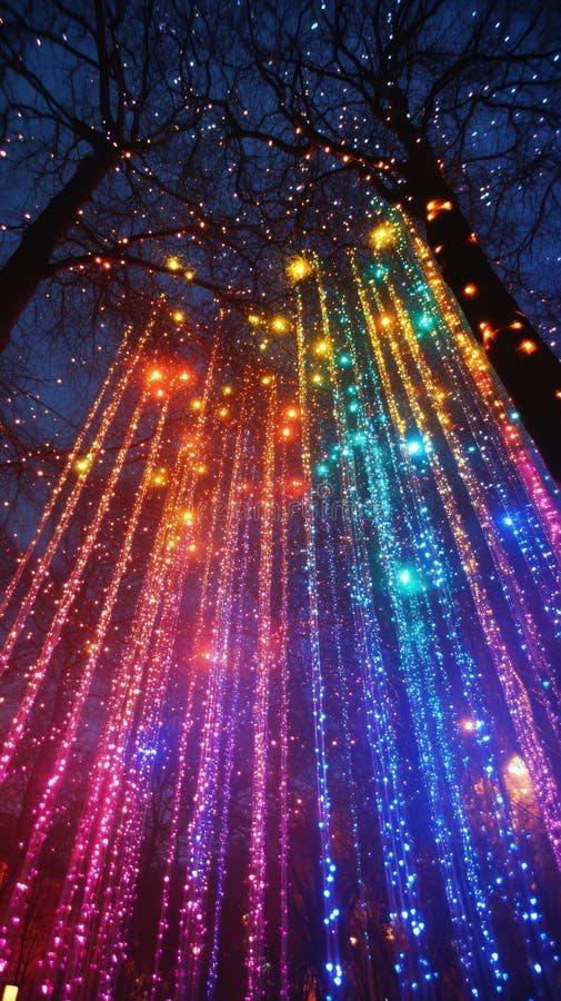 Colorful Lights Cascade through Trees Creating a Magical Atmosphere at ...