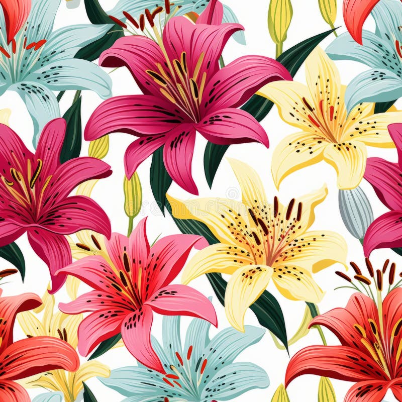 Colorful Lily Flower Seamless Pattern Vector Stock Illustration ...