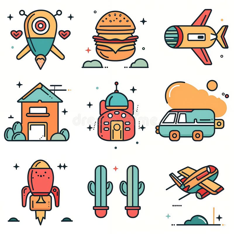 Colorful Line Art Icons of Various Objects Stock Illustration ...