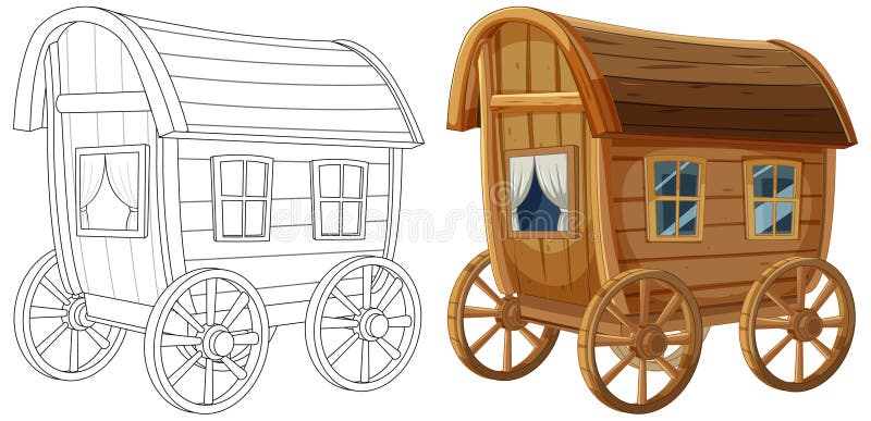 Colorful and Line Art Wooden Wagon Stock Vector - Illustration of ...