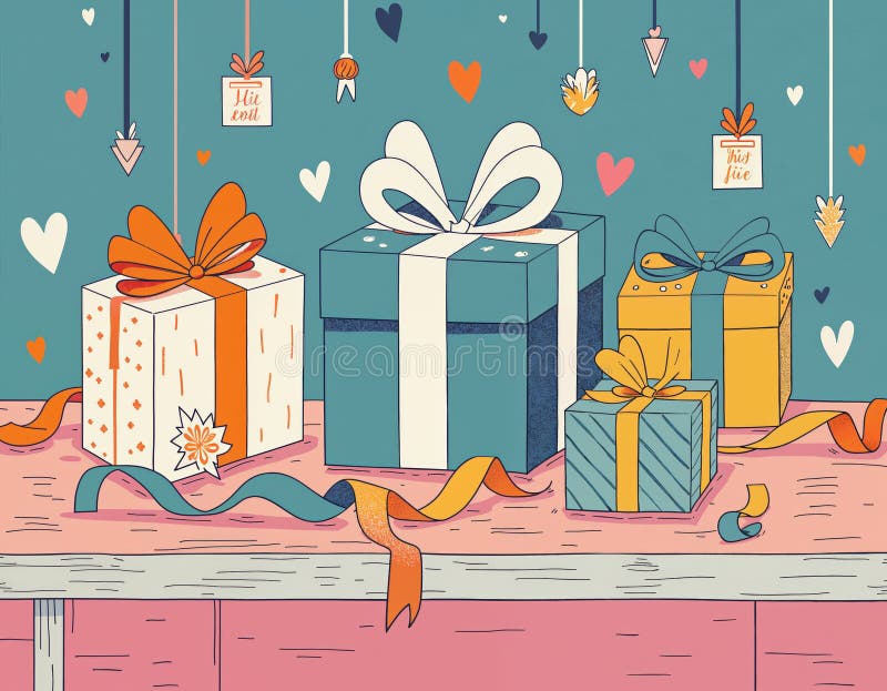 A Colorful Line Drawing of Gift Boxes with a Ribbon Tied Around it and ...