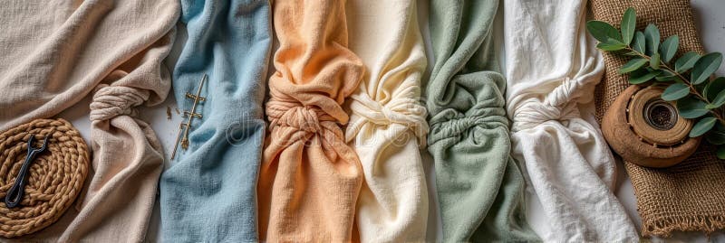 Colorful Linen Fabric Display with Rope and Plants in Rustic Setting ...