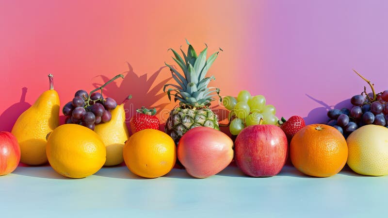 A Colorful Lineup of Fresh Fruits in a Studio Backdrop Stock ...