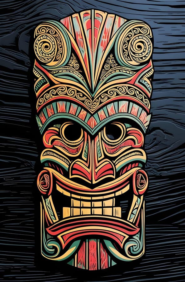 Colorful Lino-cut Illustration of a Stylized Tiki Mask Stock ...
