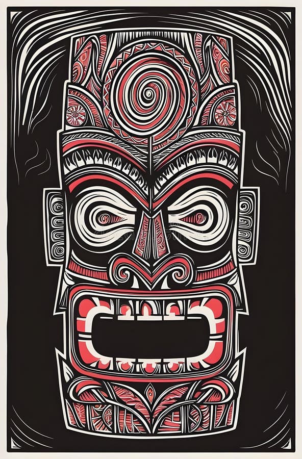 Colorful Lino-cut Illustration of a Stylized Tiki Mask Stock ...