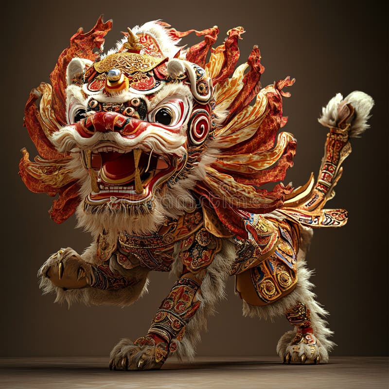 A Colorful Lion Dance Costume in a Dramatic Pose Stock Illustration ...