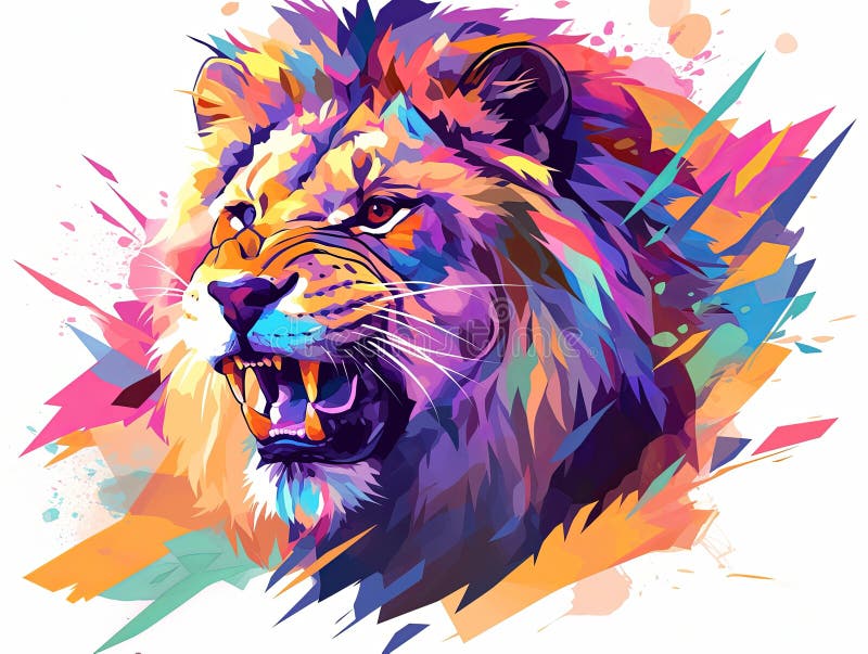 Colorful Lion Portrait, Vibrant Mane, Sharp Teeth, Abstract Paint ...