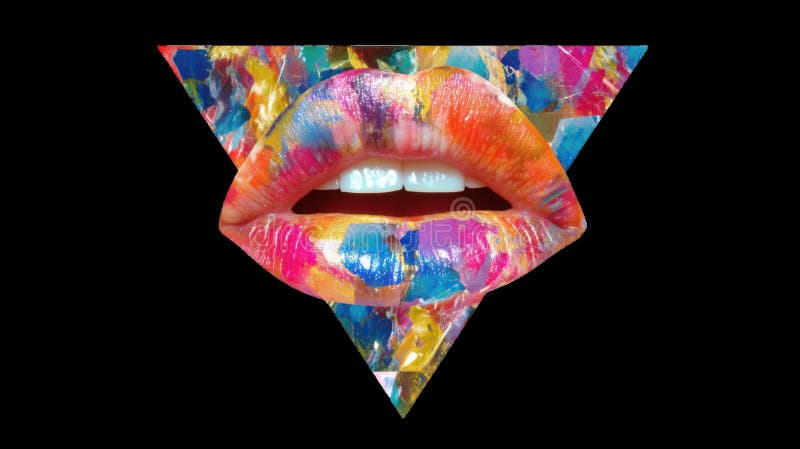 Colorful Lips Showing Teeth Inside Neon Triangle Shape on Transparent ...