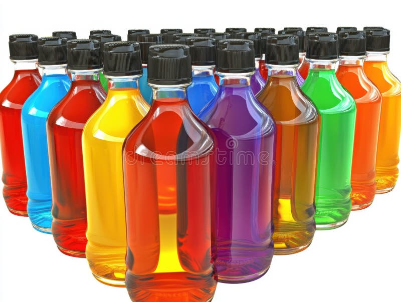Colorful Liquid Bottles Forming a Triangle on White Background Stock ...