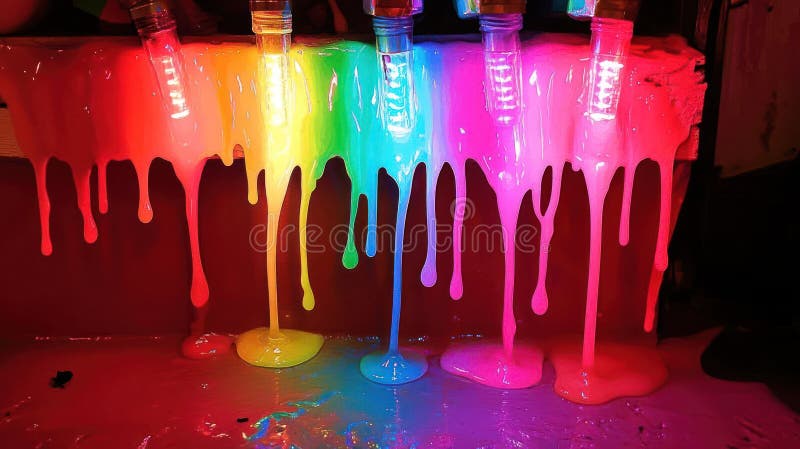 Colorful Liquid Drips from Bottles Creating a Vibrant, Artistic Display ...
