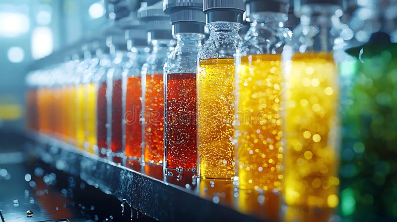 Colorful Liquid Samples in Transparent Bottles with Bubbles and ...