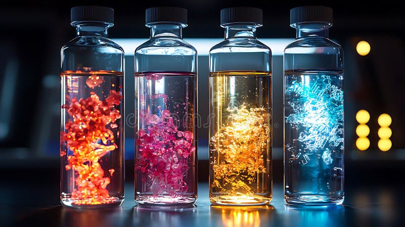 Colorful Liquid Solutions in Glass Bottles, Showcasing Vibrant ...