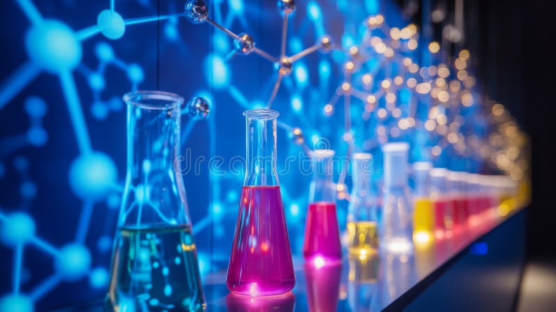 Colorful Liquids in Beakers Against a Blue Molecular Background Stock ...