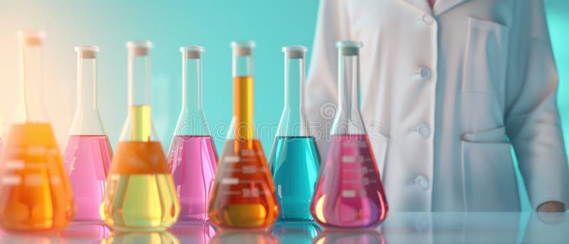 Colorful Liquids in Beakers on a Table in a Lab Setting Stock Photo ...