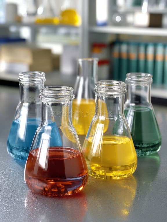 Colorful Liquids in Laboratory Flasks on a Lab Table. Stock Photo ...