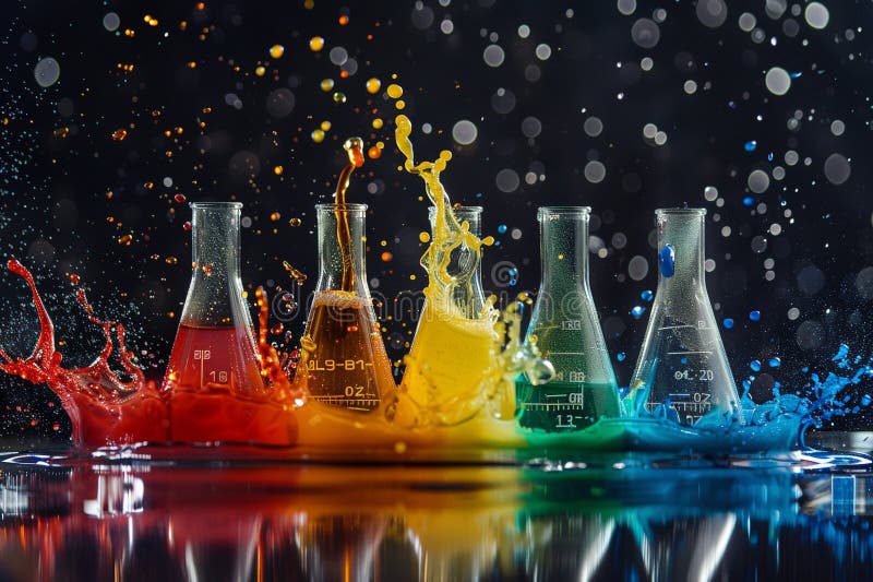 Colorful Liquids Splashing Out of Erlenmeyer Flasks Stock Illustration ...