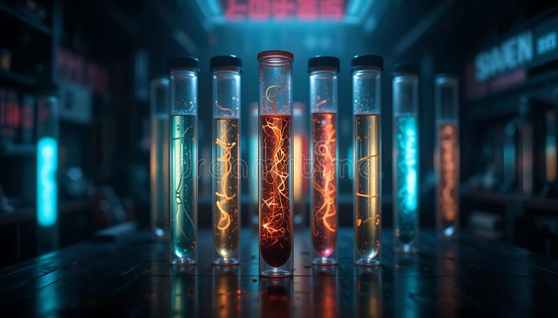 Colorful Liquids in Test Tubes Glow with Light Science Concept Stock ...