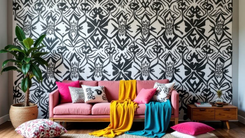 Colorful Living Room with Pink Sofa and Patterned Black-and-white Wall ...