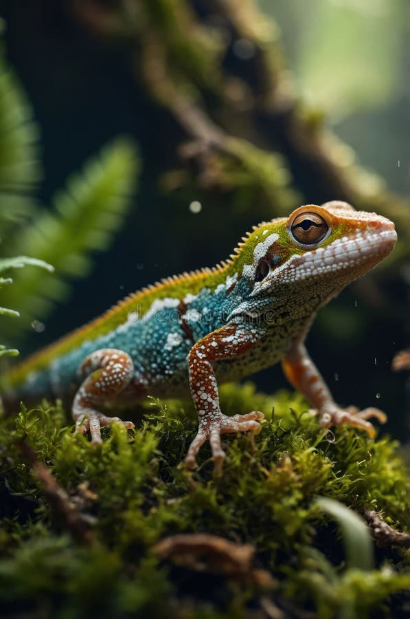 Vibrant Green and Blue Gecko on Mossy Rock, Close-Up Stock Illustration ...