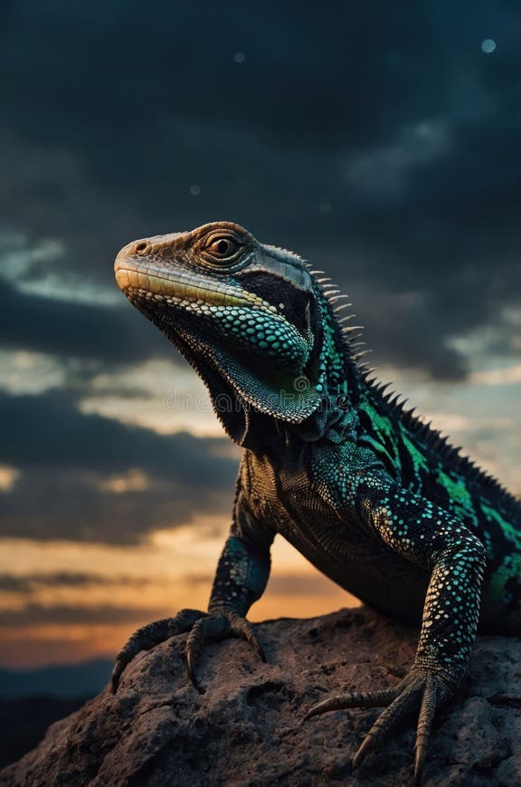Majestic Lizard at Sunset, Perched on a Rock Stock Illustration - Illustration of terrain ...