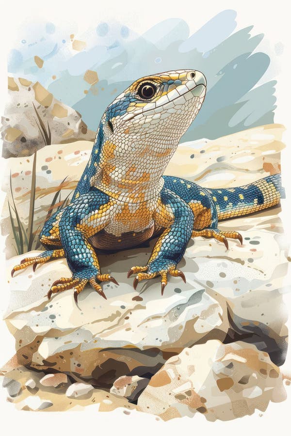 Vibrant Blue and Yellow Lizard on Rocks, Basking in the Sun Stock ...