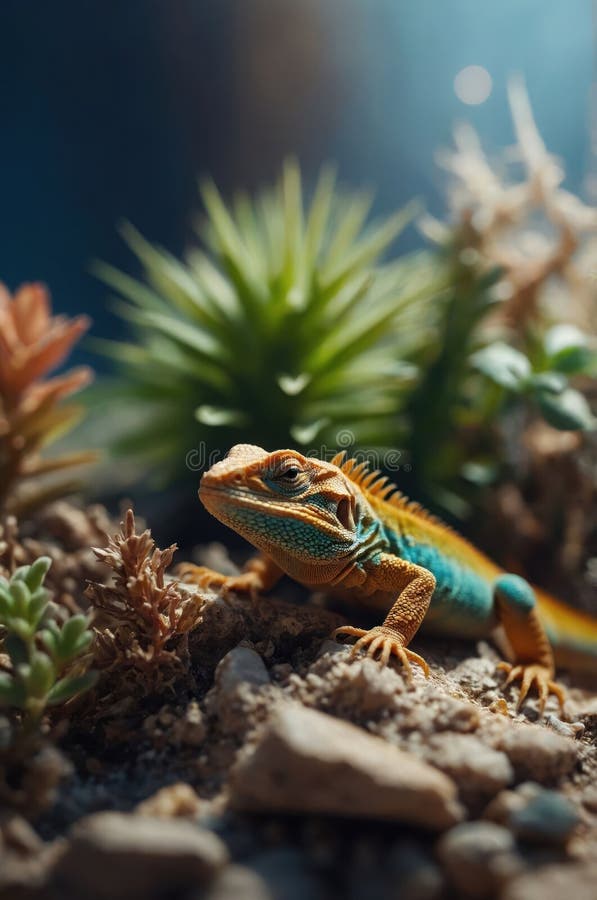 Vibrant Blue and Orange Lizard on Rocks with Succulents Stock ...