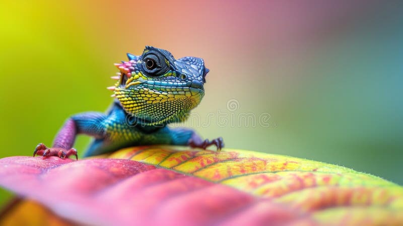 A Colorful Lizard Sitting on a Leaf with Bright Colors, AI Stock ...