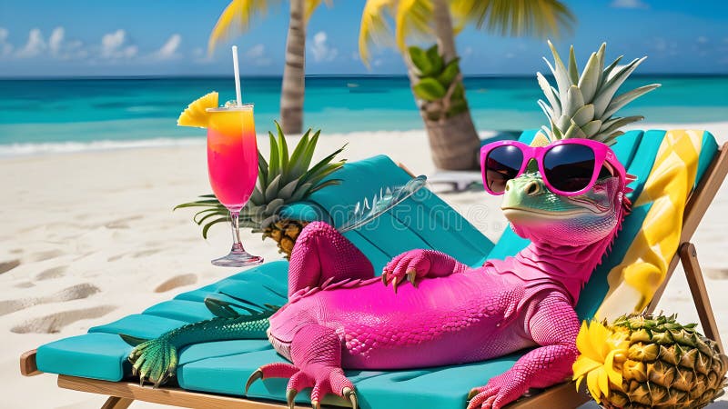 Colorful Lizard Sunbathing on the Beach while Drinking a Pineapple or ...