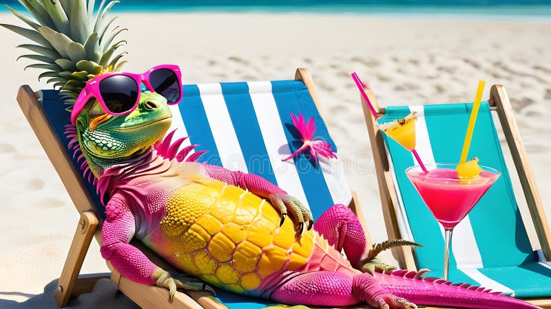 Colorful Lizard Sunbathing on the Beach while Drinking a Pineapple or ...