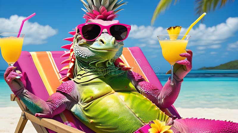 Colorful Lizard Sunbathing on the Beach while Drinking a Pineapple or ...