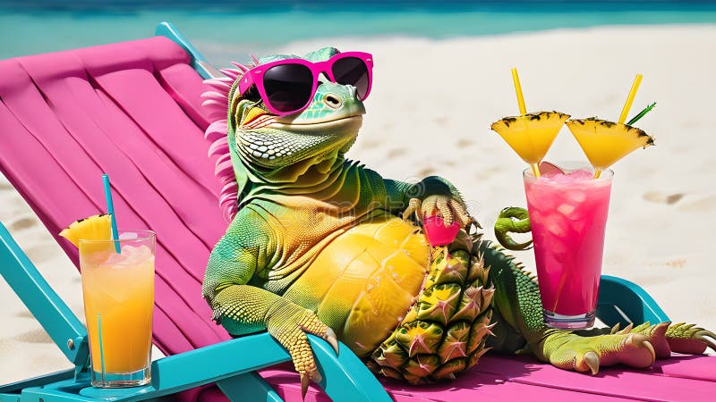 Colorful Lizard Sunbathing on the Beach while Drinking a Pineapple or Caipirinha Cocktail Stock ...