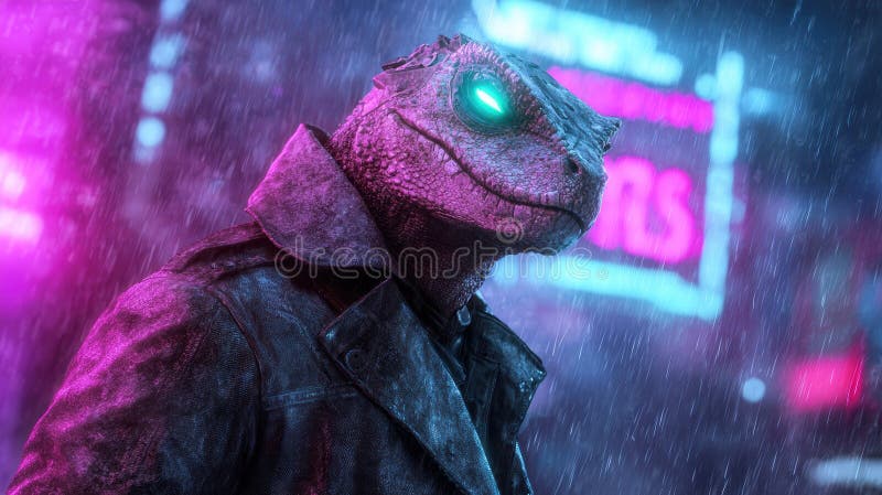 Colorful Lizard Wearing Leather Jacket in Rain Stock Illustration ...