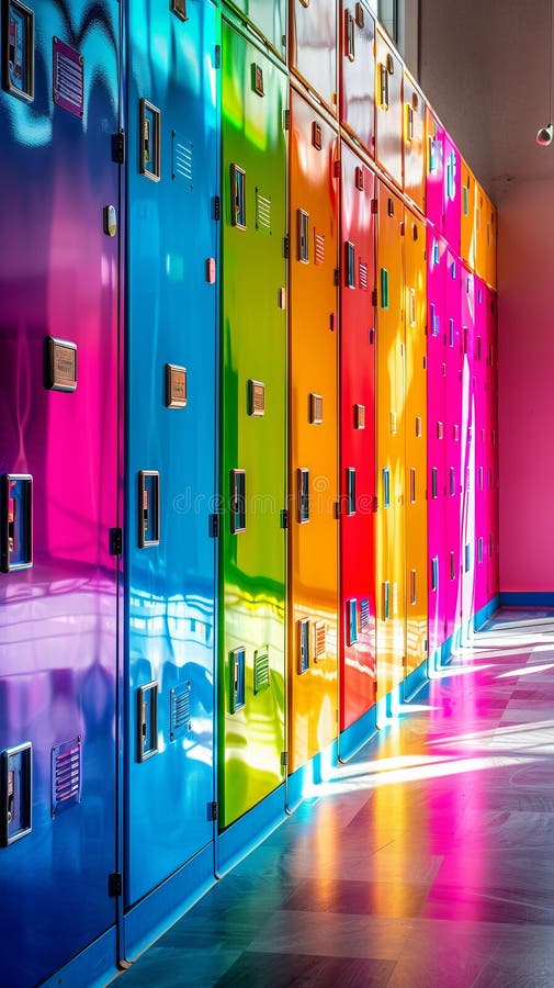 Colorful Lockers in a Bright Hallway Stock Photo - Image of colorful ...