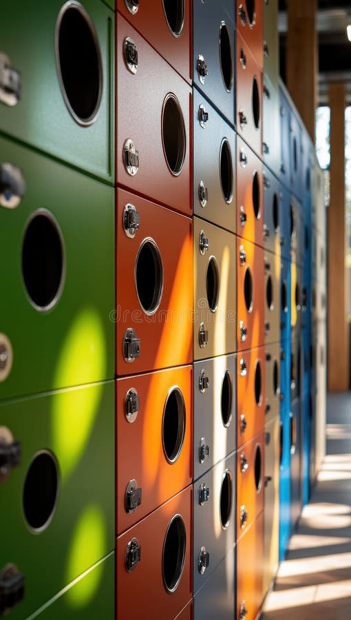 Colorful Lockers Casting Vibrant Shadows in a Sunlit Office Corridor ...
