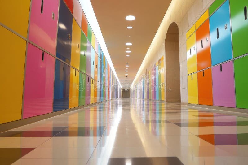 Colorful Lockers Create a Vibrant Hallway with Perspective and Geometry ...
