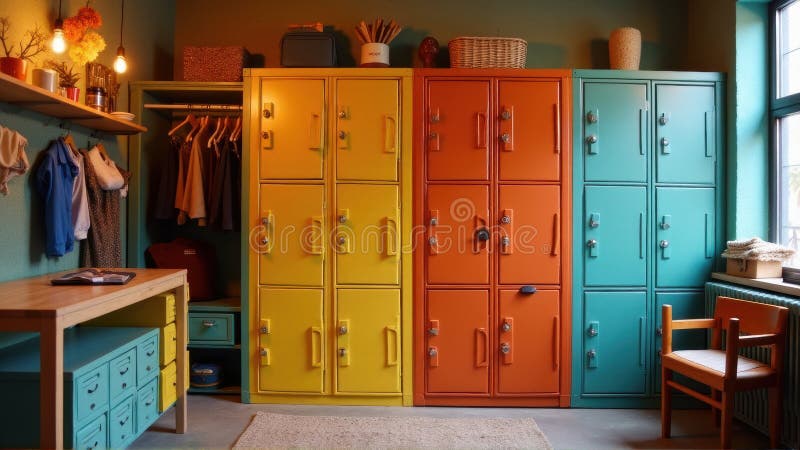 Colorful Lockers in a Retro Room Stock Illustration - Illustration of ...