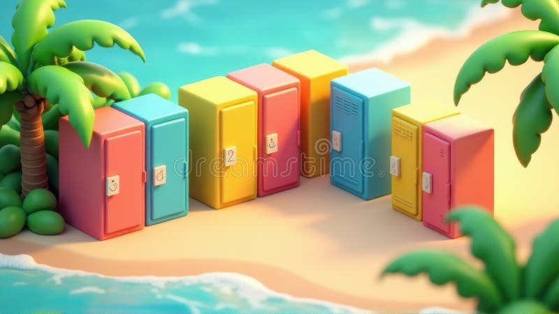 Colorful Lockers on Tropical Beach Stock Illustration - Illustration of ...
