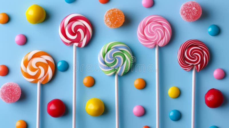 Colorful Lollipops and Assorted Candies on a Blue Background Stock ...