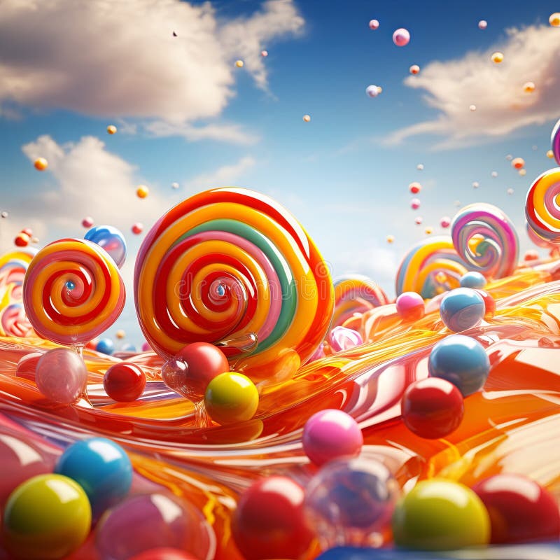 Colorful Lollipops and Balls Floating in a Surreal Dreamscape of Melted ...