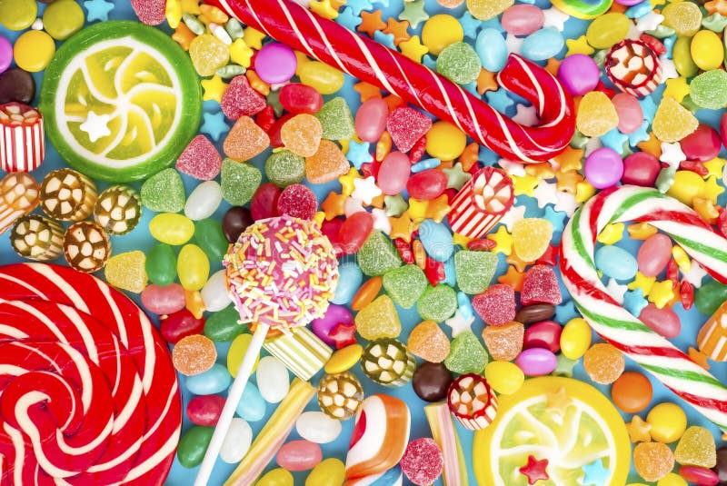 Colorful Lollipops and Different Colored Round Candy. Top View Stock ...