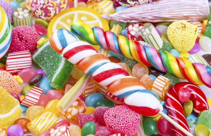 Colorful Lollipops and Different Colored Round Candy. Top View Stock ...