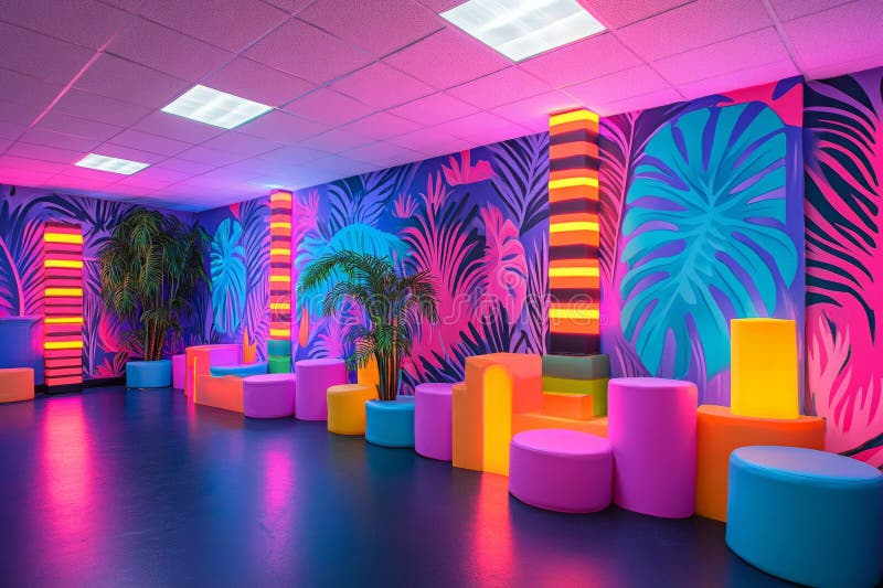 Colorful Lounge Featuring Neon Lights and Tropical-themed Walls Stock ...
