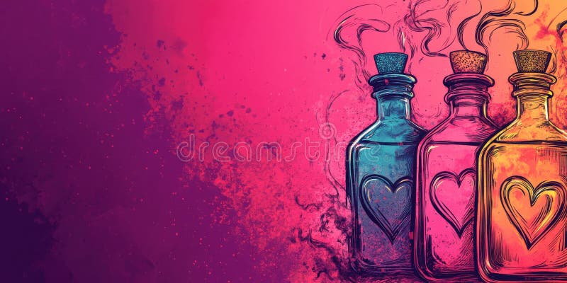 Colorful Love Potion Bottles with Heart Design and Abstract Background ...