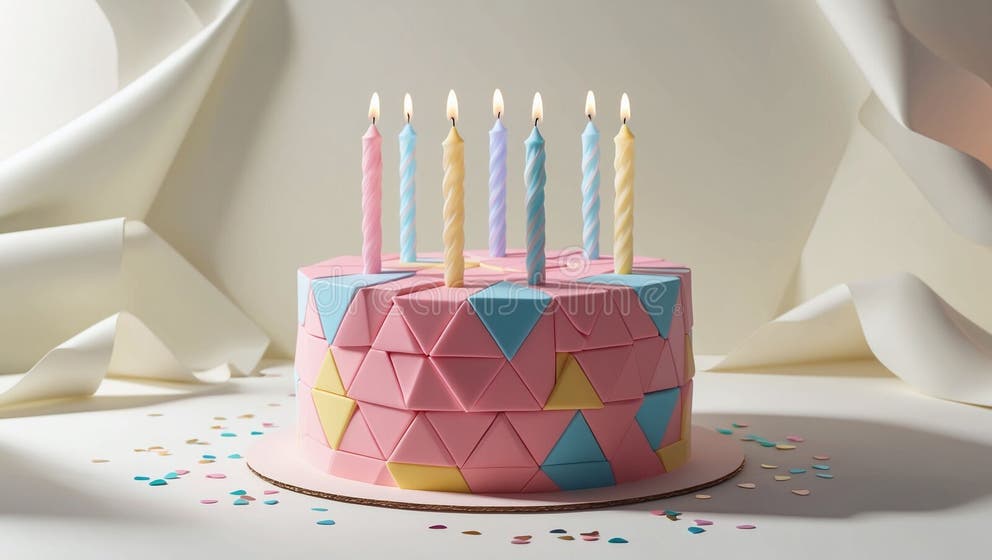 Colorful Low-poly Birthday Cake with Triangular Faces and Pastel ...