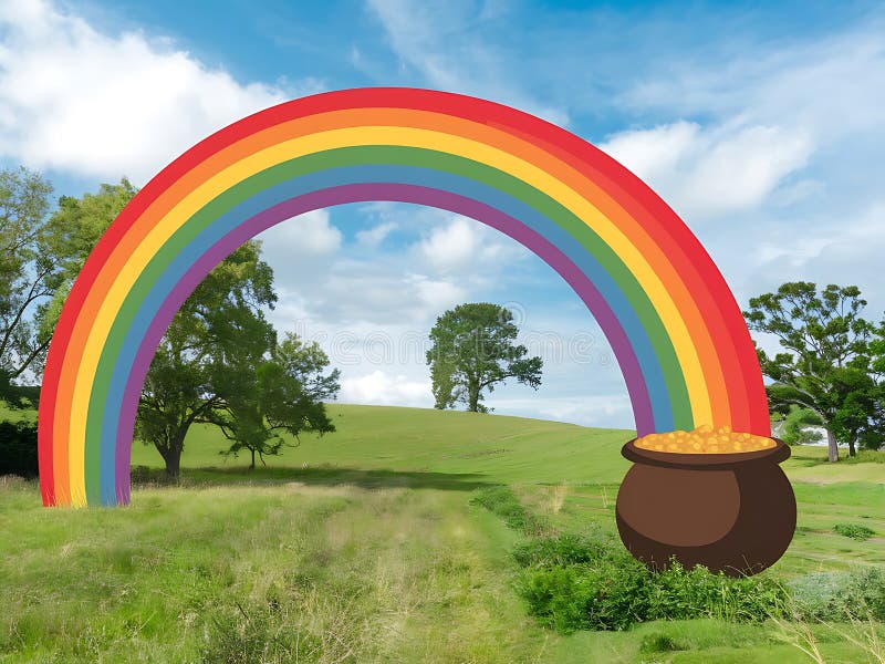 Colorful Lucky Rainbow Arching Over a Pot of Gold Illustration Stock ...