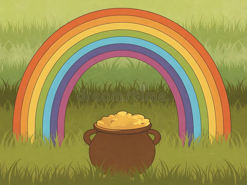 Colorful Lucky Rainbow Arching Over a Pot of Gold Illustration Stock ...