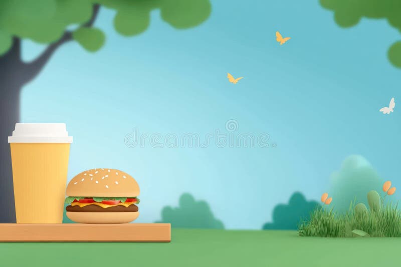 Colorful Lunch Scene Featuring Burger and Drink in Park Setting Stock ...
